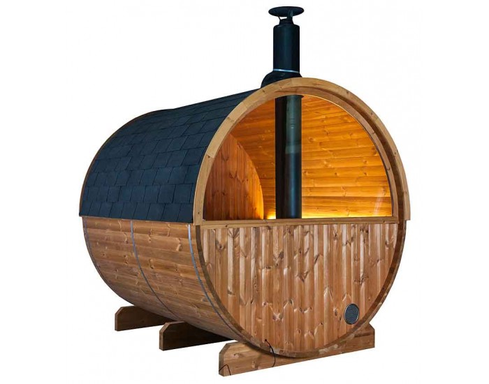 Un grand sauna tonneau avec chauffage au bois et large fenêtre | Santé ...